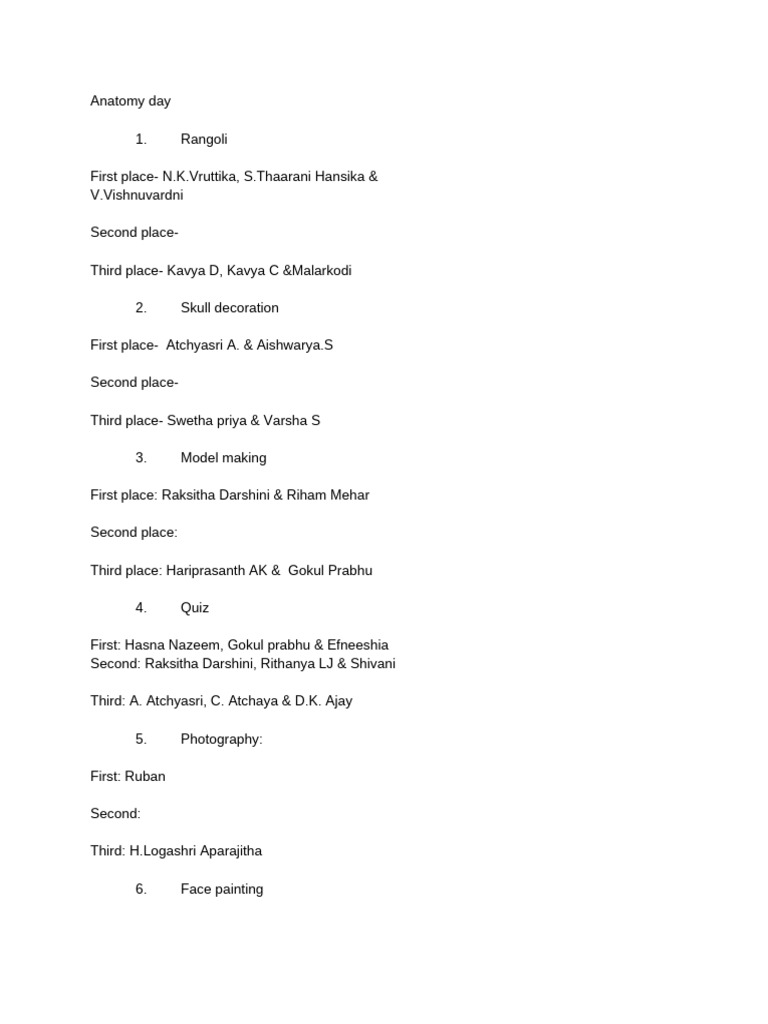 Anatomy Day Competition Results 2023 | PDF
