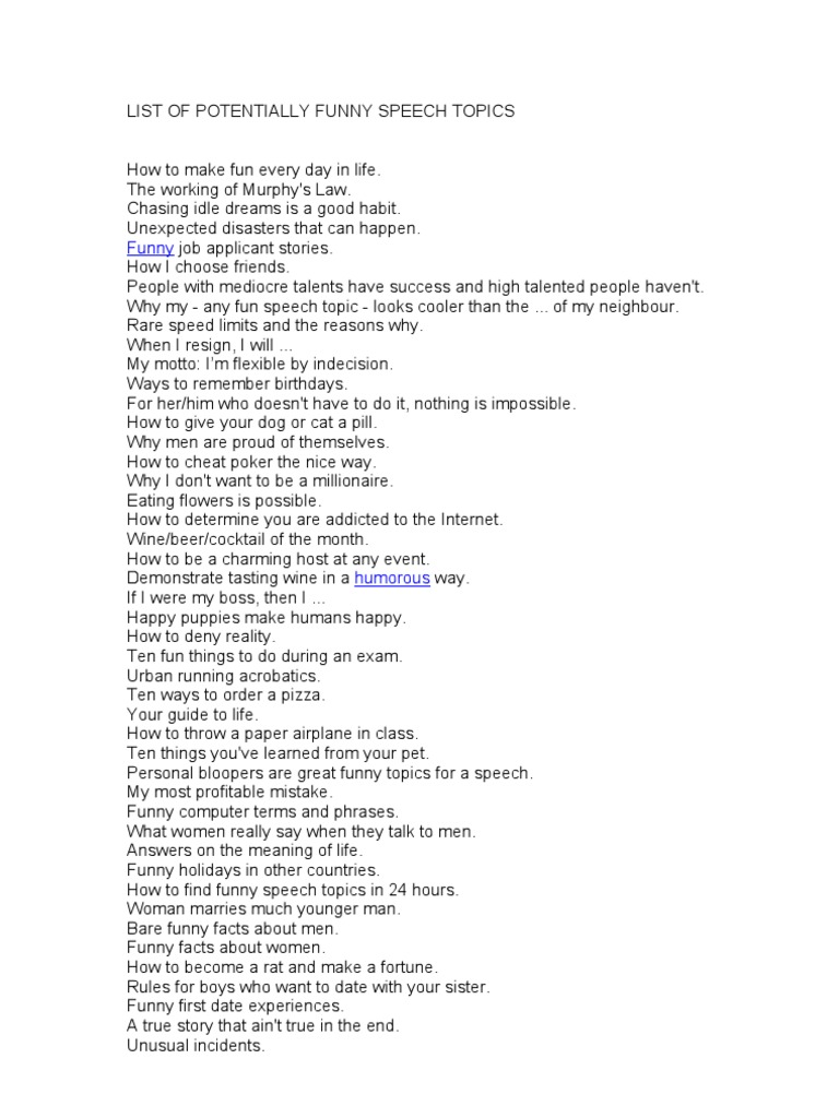 List of Potentially Funny Speech Topics | PDF | Leisure