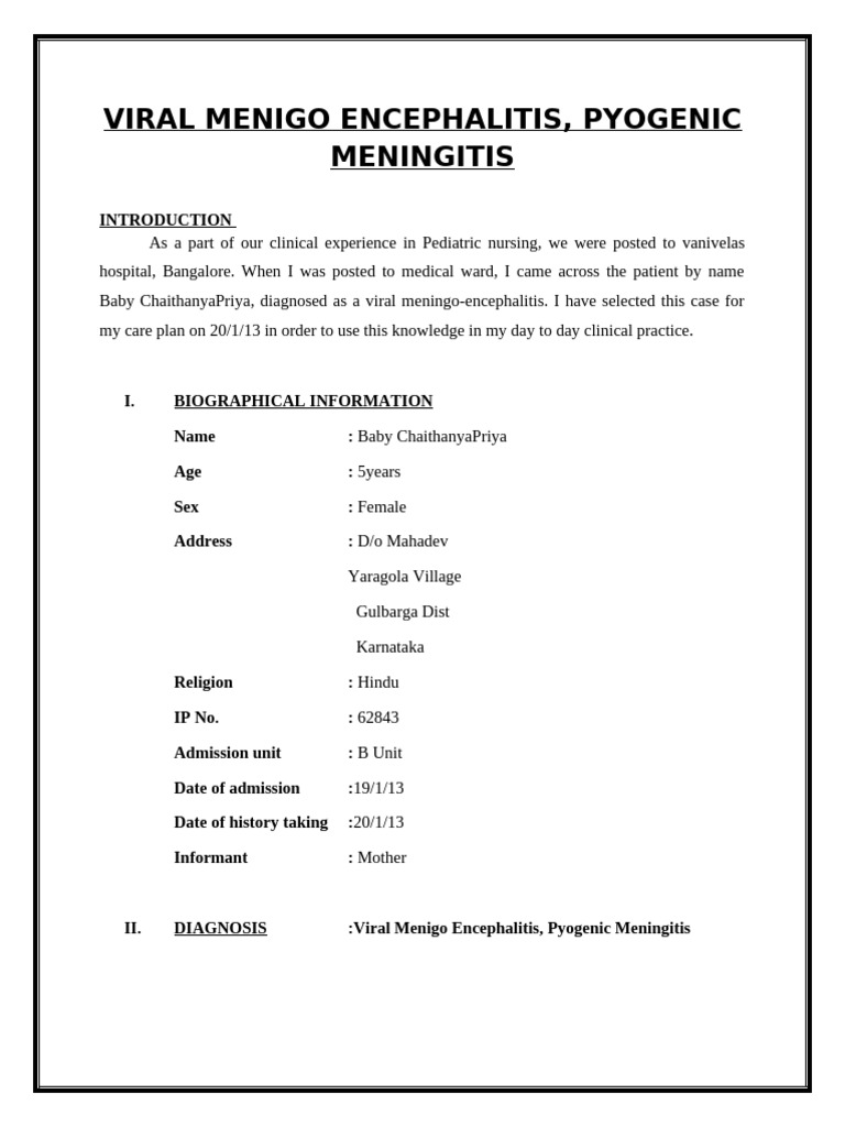 Case Study: Viral Meningoencephalitis in Child | PDF | Fever | Nursing