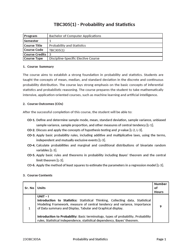 BCA 3rd Sem TBC305 (1) Probability and Statistcs RVKulkarni-Final | PDF ...