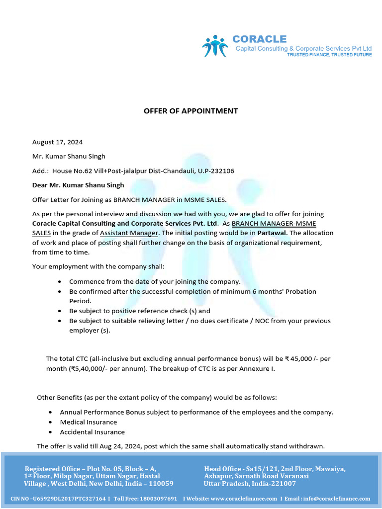 Offer Letter for Branch Manager Position | PDF