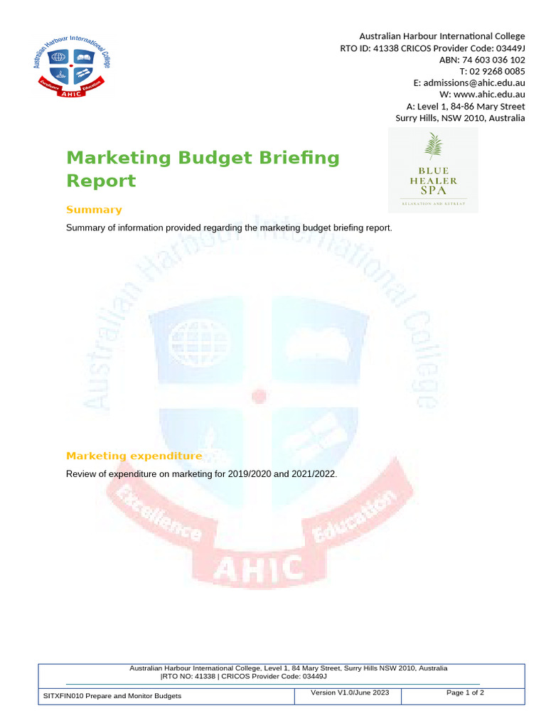 SITXFIN010 Marketing Budget Briefing Report Template | PDF | Australia