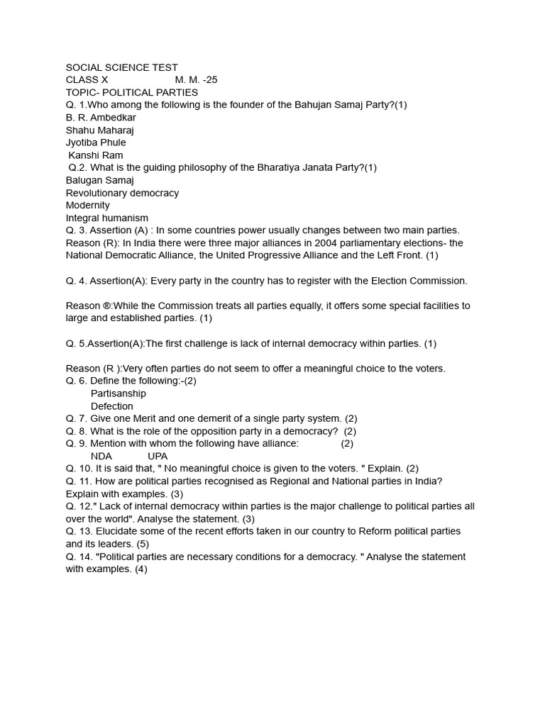 Social Science Test, Class - X | PDF