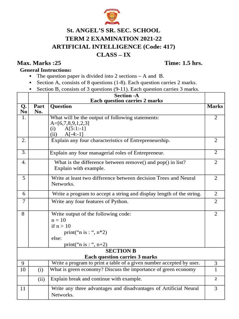 Ix Ai QP PB1 Term 2 2021-22 | PDF