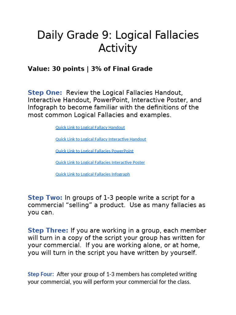 Daily Grade 9 Logical Fallacies Activity | PDF | Logic | Persuasion