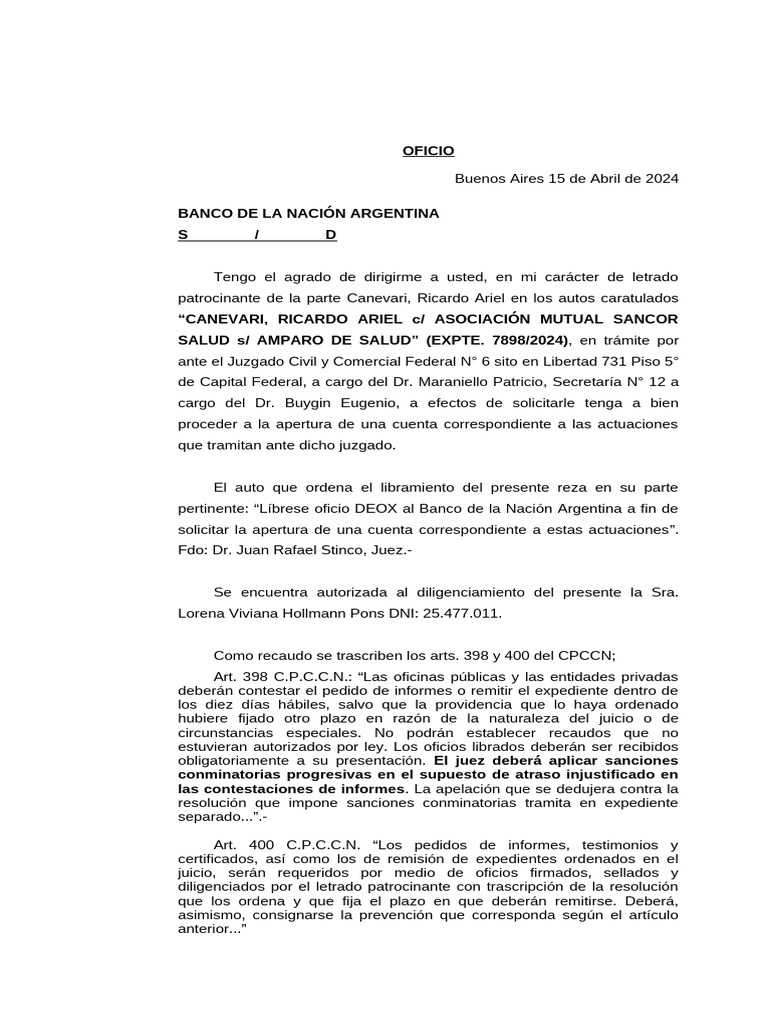 Oficio Art. 400 CPCCN para Apertura de Cuenta | PDF