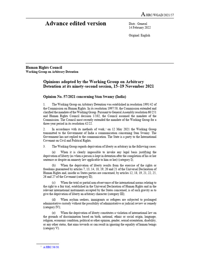 Opinion On Father Stan Swamy | PDF | Human Rights | Arrest