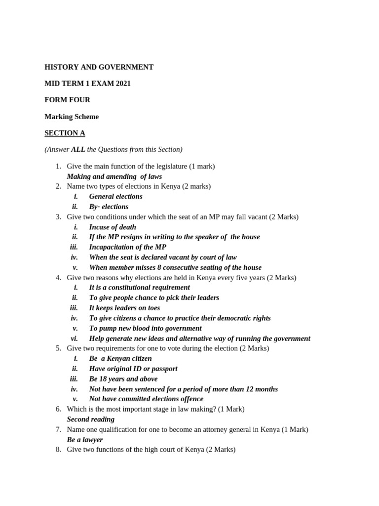 2021 History Form 4 Mid Term Exams Marking Scheme | PDF | Kenya | Africa