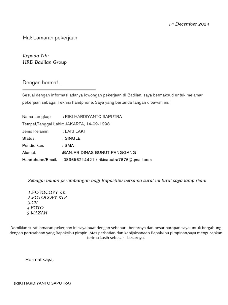 Surat Lamaran Riki | PDF