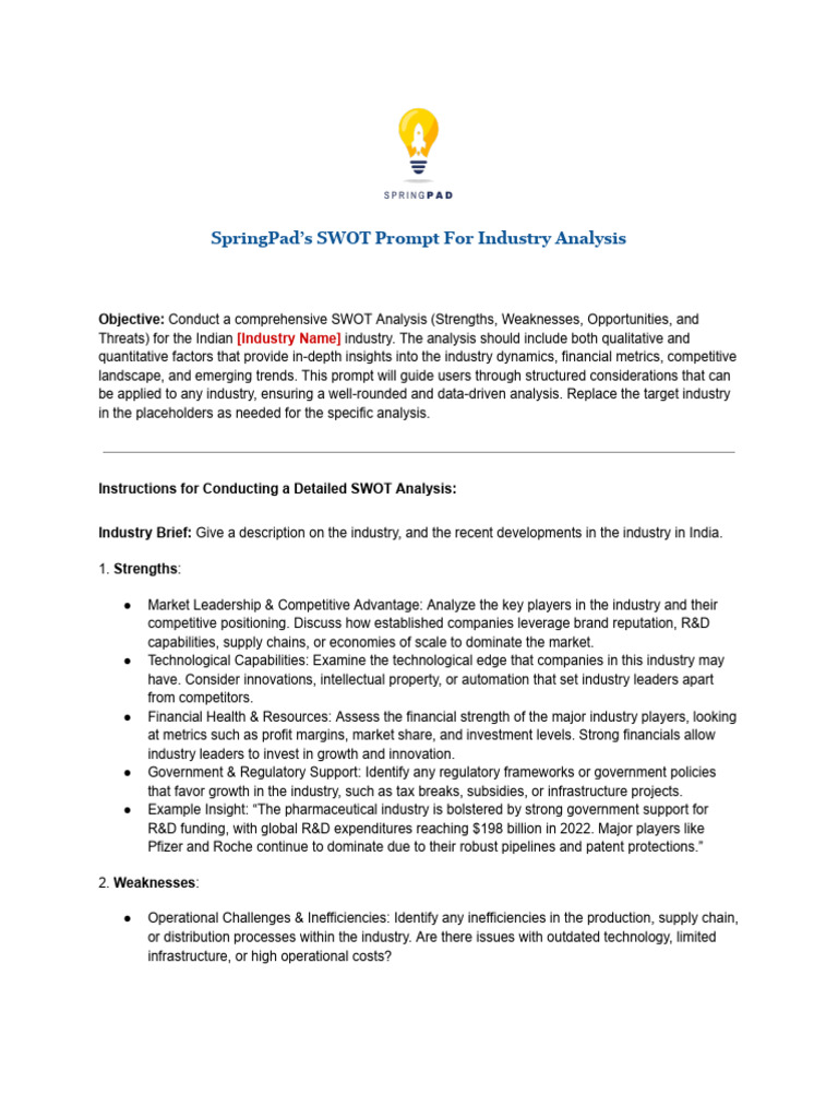 SpringPad's SWOT Prompt For Industry Analysis | PDF