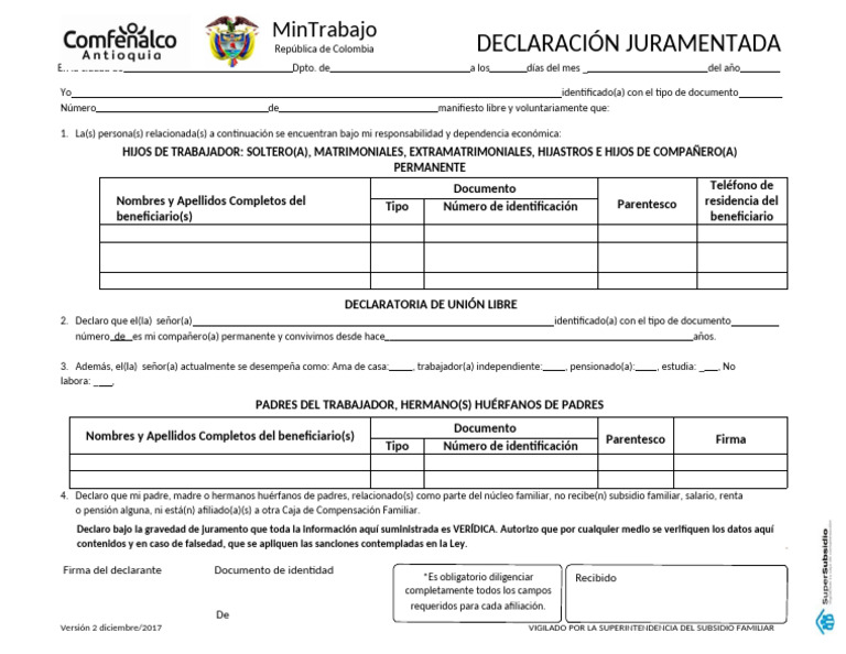 Declaración Juramentada Comfenalco | PDF