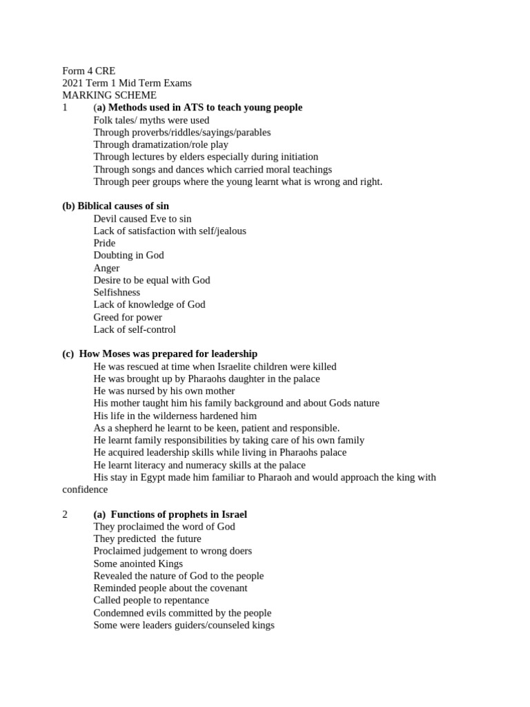 Form 4 CRE 2021 Mid Term Marking Scheme | PDF | Mary, Mother Of Jesus ...