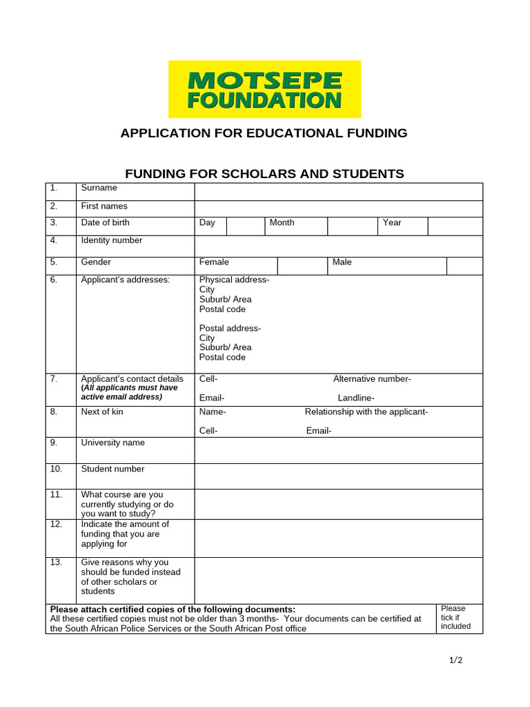Motsepe Foundation Bursary Application Form | PDF