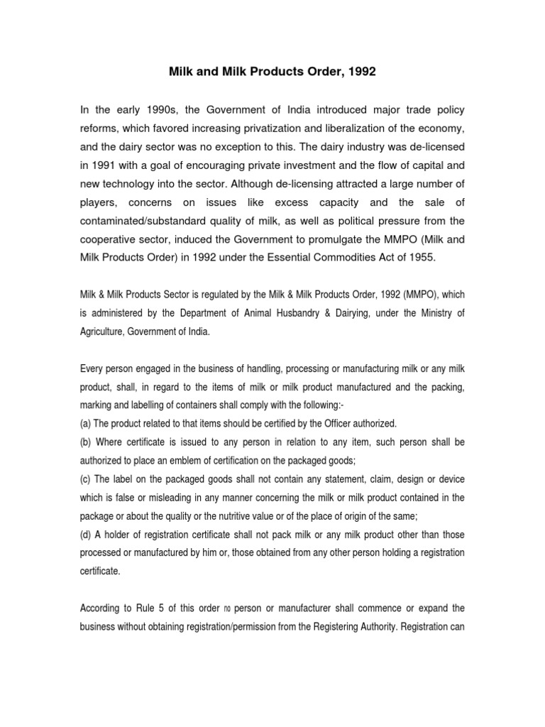 Milk and Milk Products Order, 1992 | Dairy | Food Safety