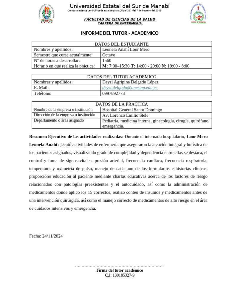 Ficha Del Informe Del Tutor Academico | PDF