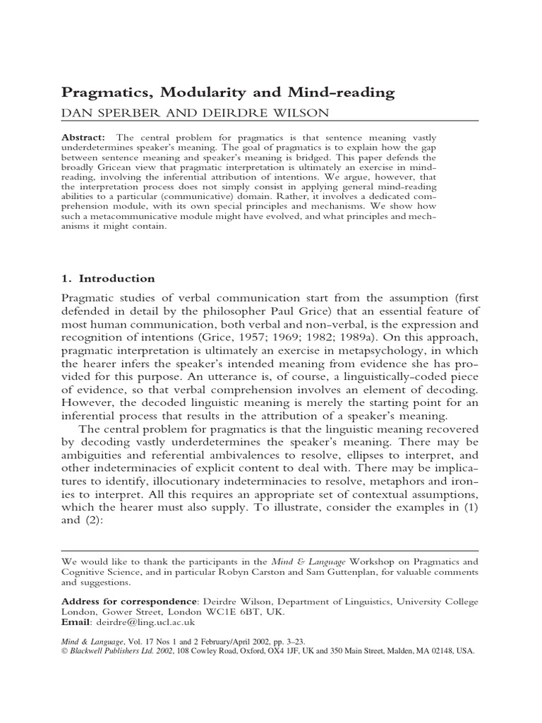 2002 Wilson Pragmatics Modularity and Mind Reading | PDF | Intention ...