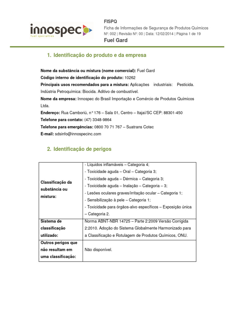 FISPQ do Produto Químico Fuel Gard | PDF | Águas residuais | Incêndios