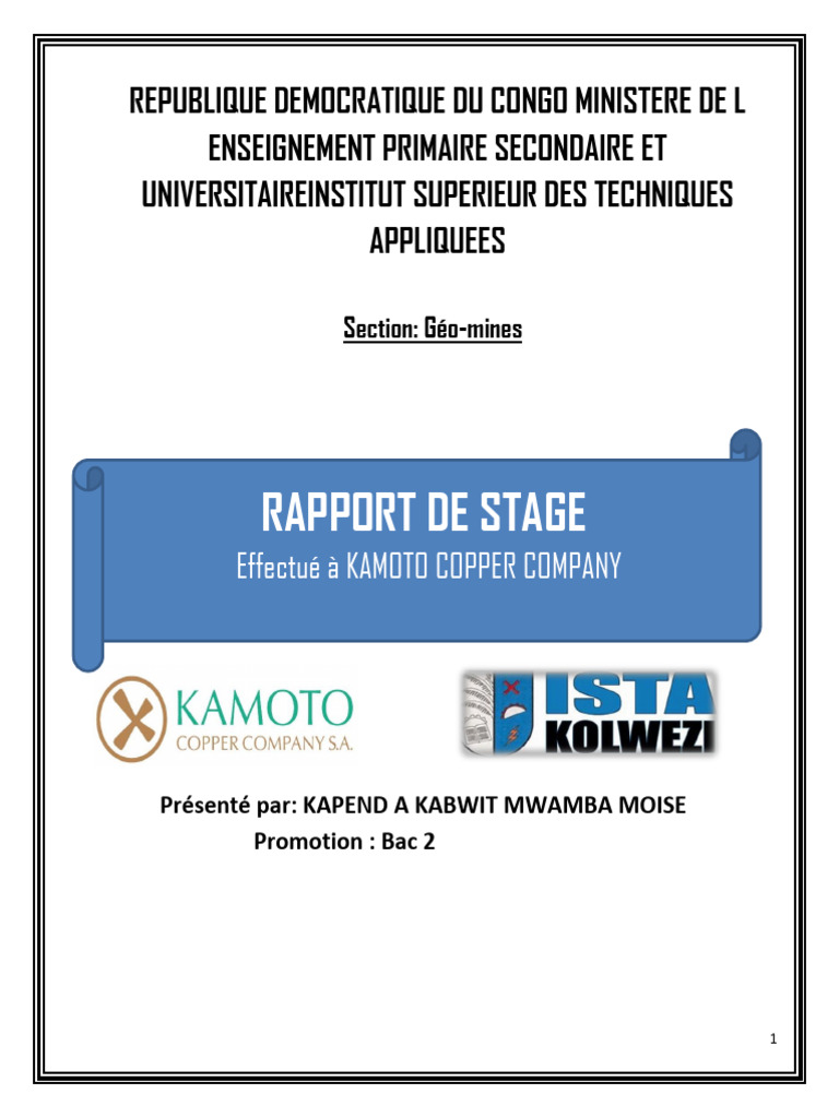 Rapport de Stage à Kamoto Copper Company | PDF | Exploitation minière