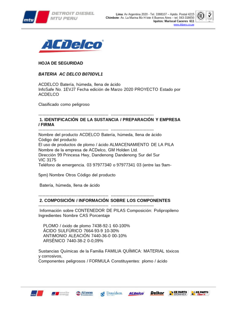 Hoja Seguridad Membretada 2020 - Ac Delco | PDF | Corrosión