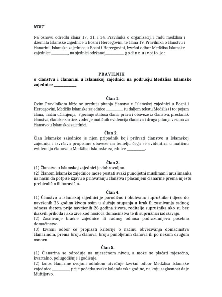 Pravilnik o članarini, Urnek | PDF