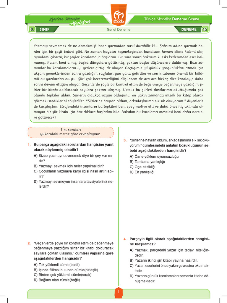 8 Turkce Deneme Modelim (Den 15) | PDF