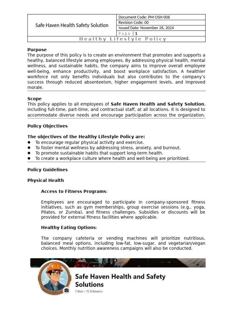 Healthy Lifestyle Policy Overview | PDF | Stress Management | Physical ...