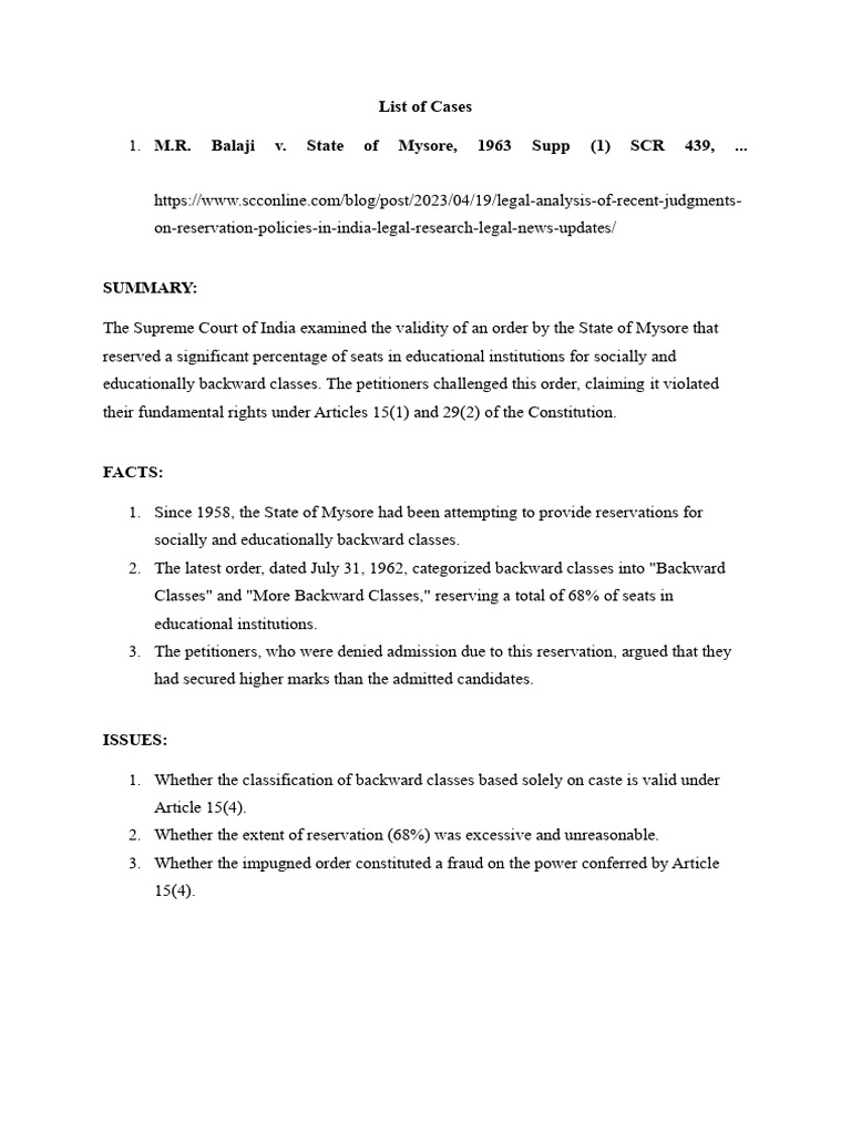 Supreme Court Cases on Reservation Policies | PDF | Government Of India ...