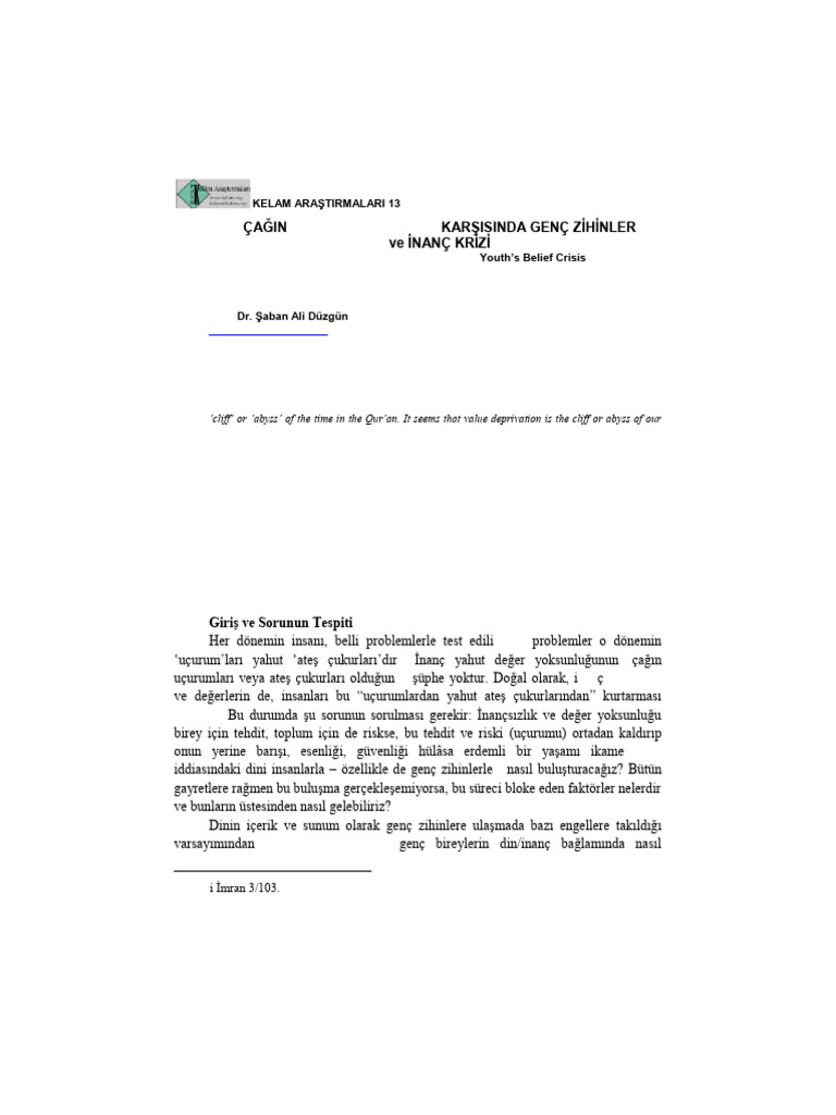 Genc Zihinler Ve Inanc Krizi Saban Ali Duzgun 1 | PDF Genc Zihinler Ve Inanc Krizi Saban Ali Duzgun 1 | PDF