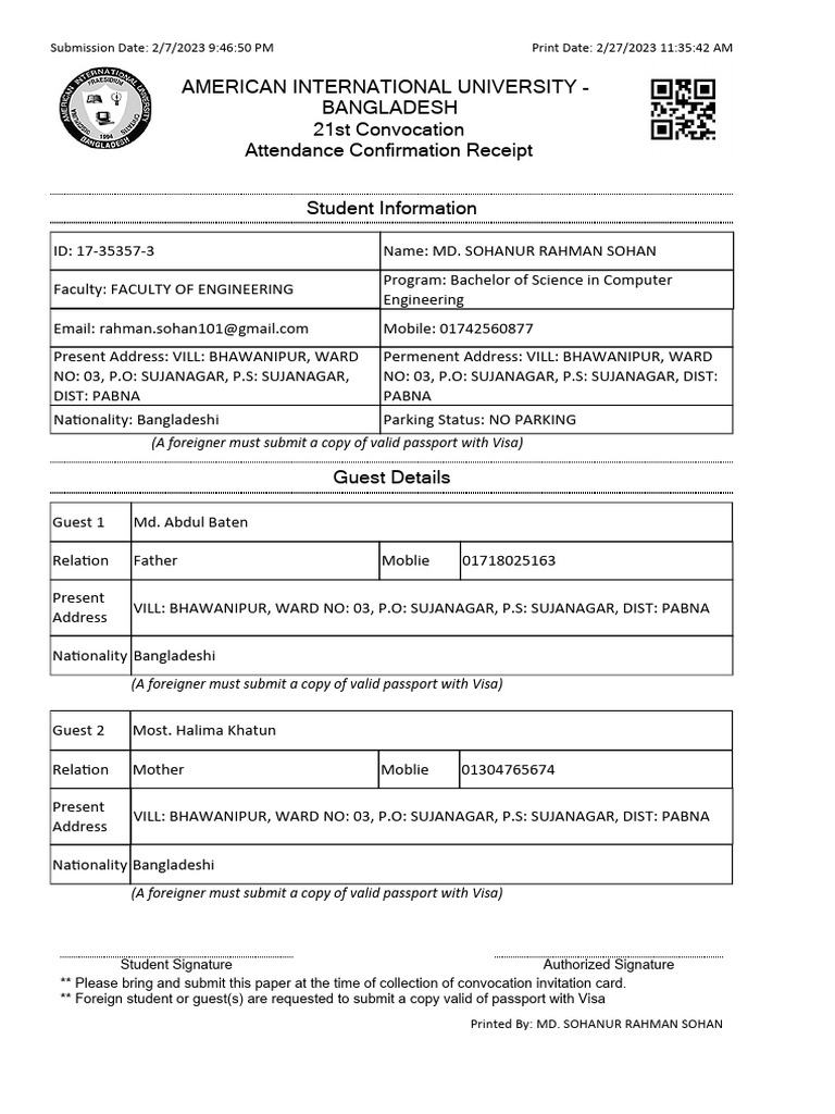 AIUB 21st Convocation Attendance Receipt | PDF