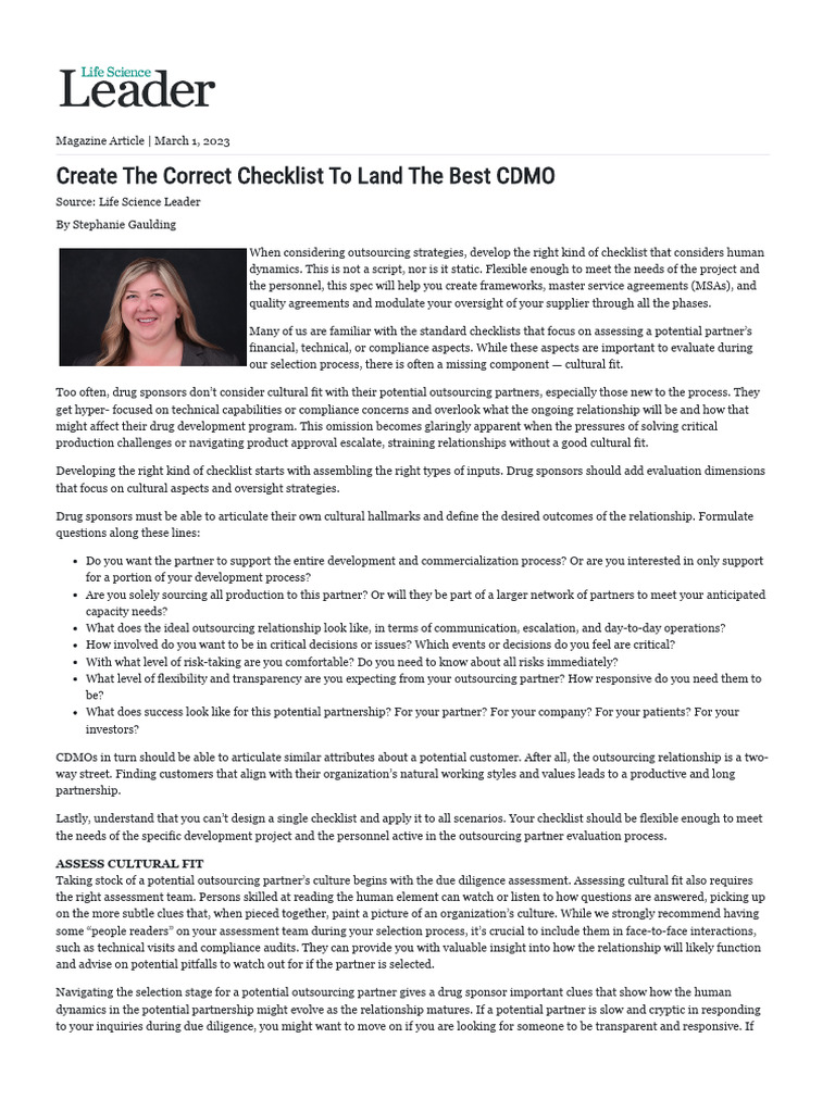 Best Practices for CDMO Selection Checklist | PDF | Outsourcing | Communication