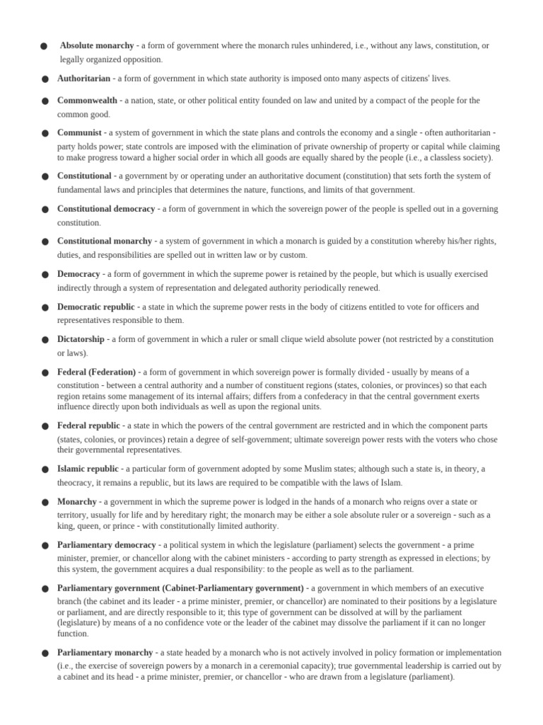Types of Government Definitions | PDF | Government | Heads Of State