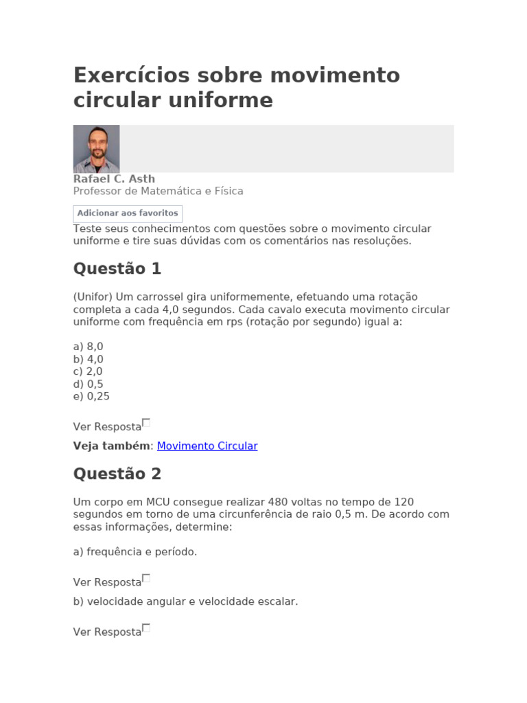 Exercícios Sobre Movimento Circular Uniforme | PDF | Quantidades ...