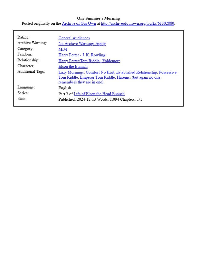 One_Summers_Morning | PDF | Harry Potter