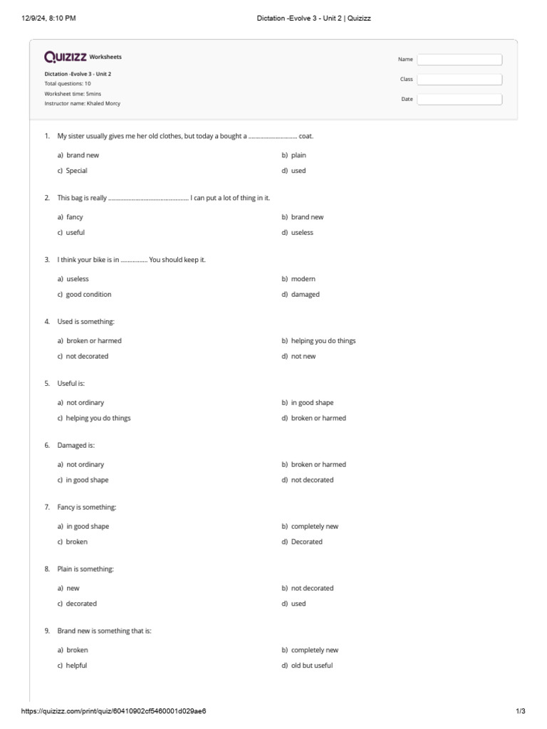 Evolve 3 Unit 2 Vocabulary Worksheet | PDF