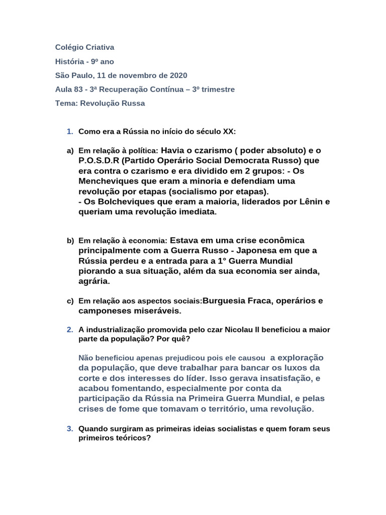 9ano Aula83 REC3 111120 | PDF | Socialismo | União Soviética
