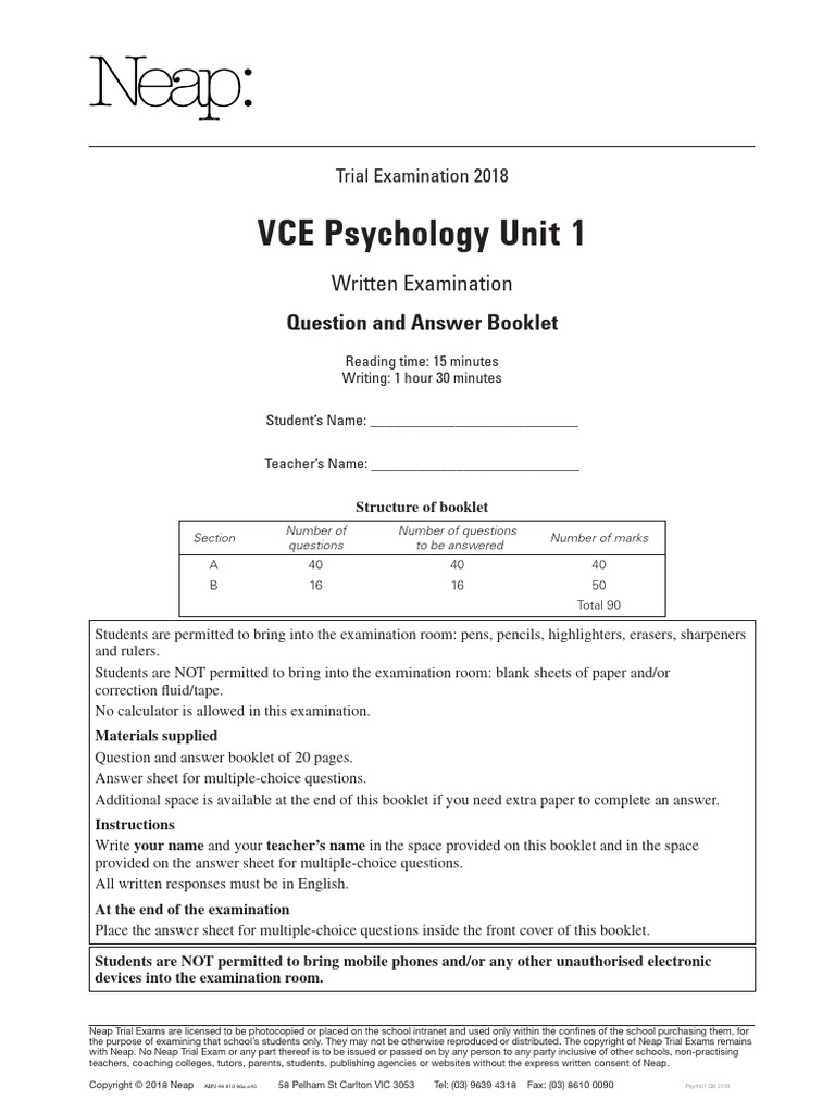 Psychology Unit 1 Question and Answer Booklet | PDF | Mental Disorder ...