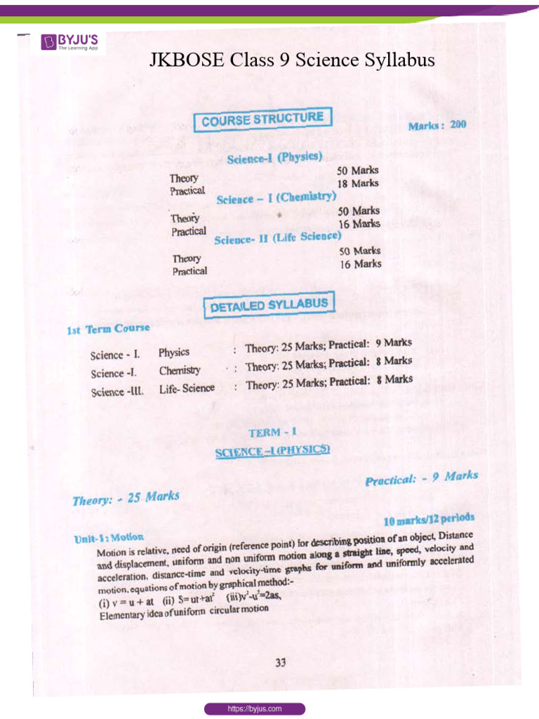 JKBOSE Class 9 Science Syllabus | PDF