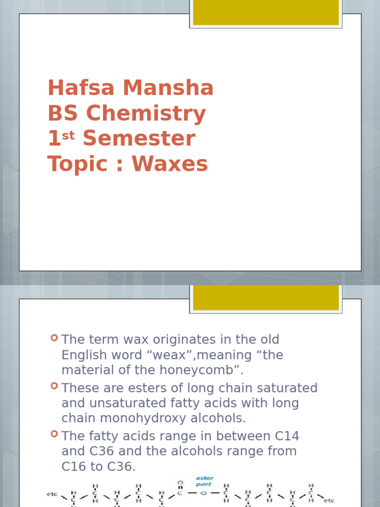 Hafsa Mansha BS Chemistry 1 Semester Topic: Waxes | PDF
