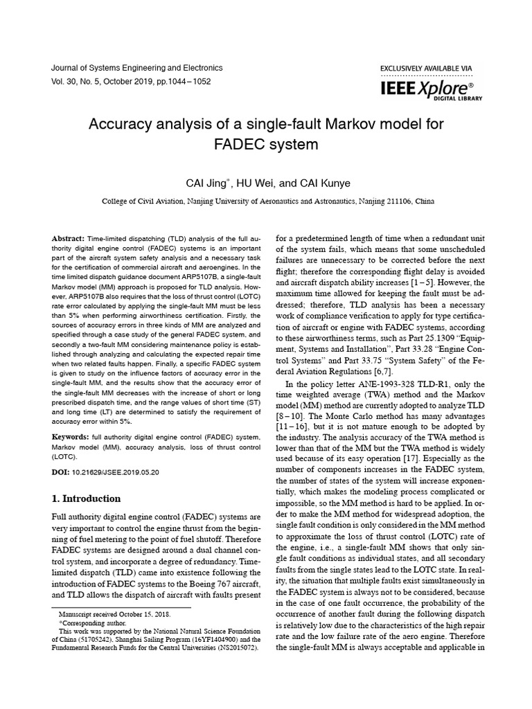 Accuracy Analysis of a Single-fault Markov Model for FADEC System | PDF ... Accuracy Analysis of a Single-fault Markov Model for FADEC System | PDF ...