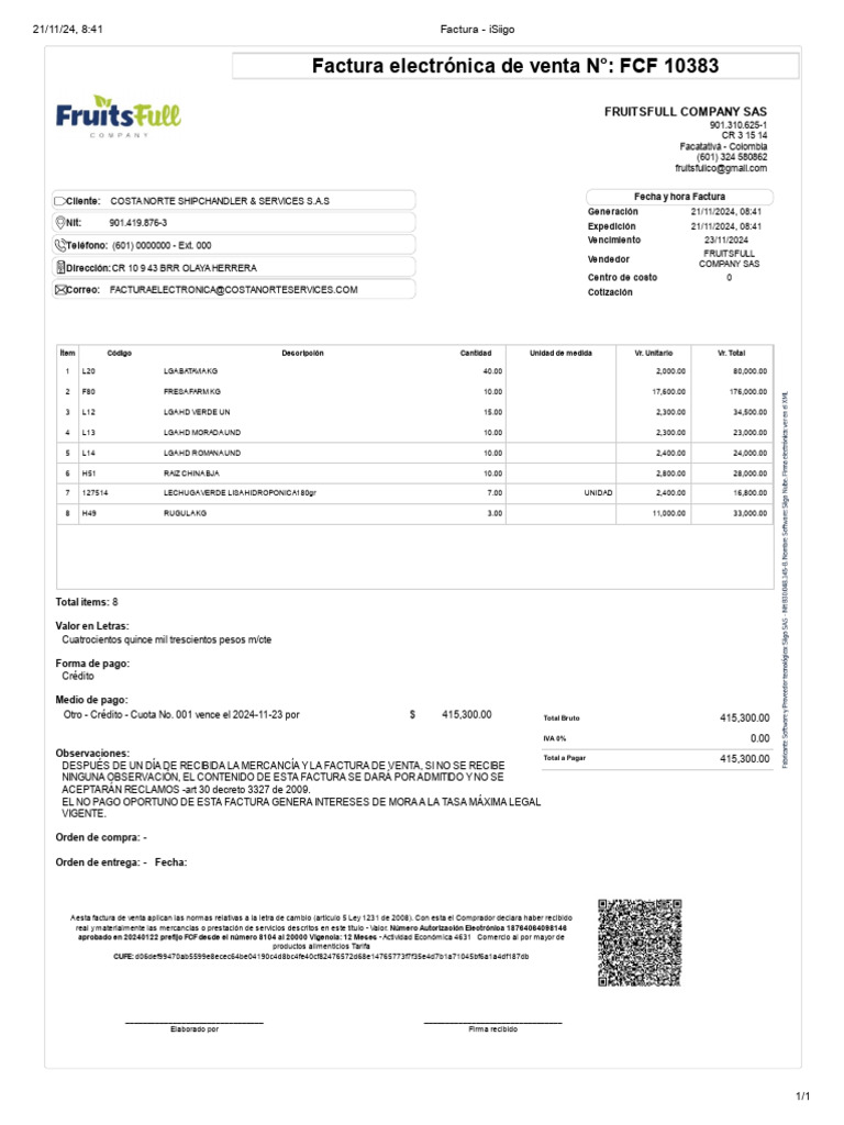 Factura Electrónica de Venta FCF 10383 | PDF | Factura | Industrias de ...
