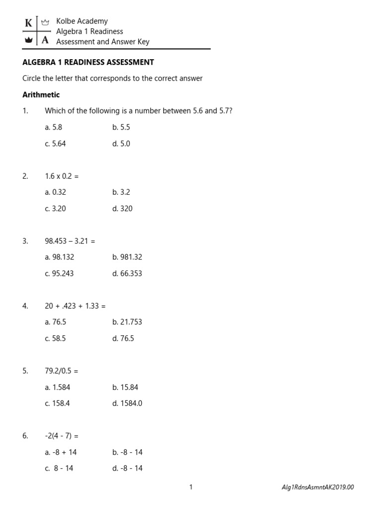 Algebra 1 Readiness Assessment and AK | PDF | Inequality (Mathematics) | Factorization