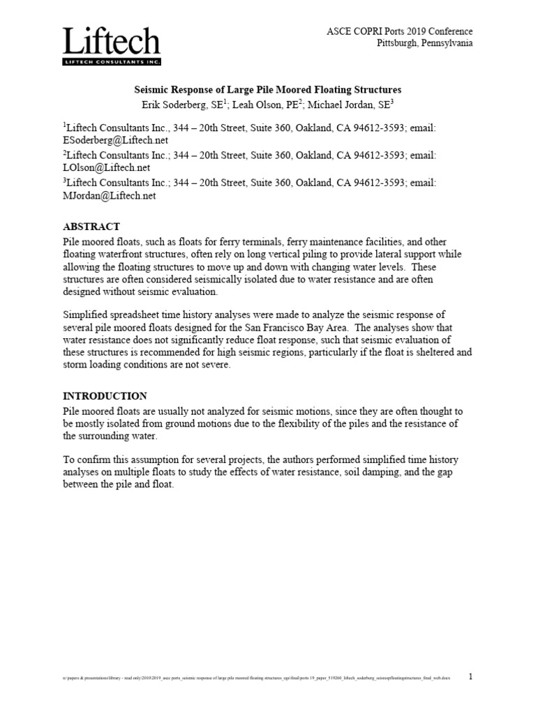 Ports-19 Paper 519260 Liftech Soderberg SeisRespFloatingStructures Final Web | PDF | Deep ...