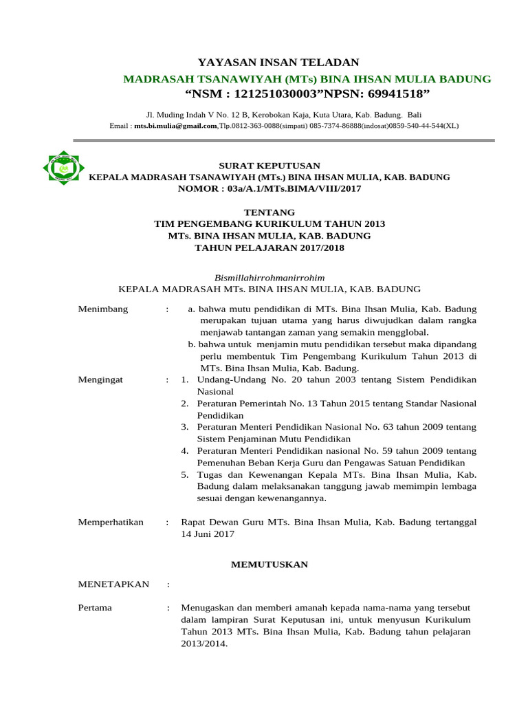 Tim Pengembang Kurikulum MTs Bina Ihsan | PDF