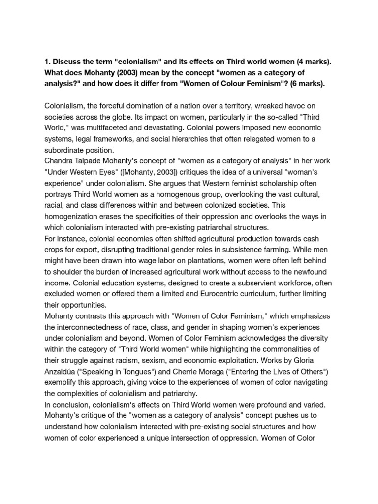 Colonialism's Impact on Third World Women | PDF | Feminism | Gender Studies