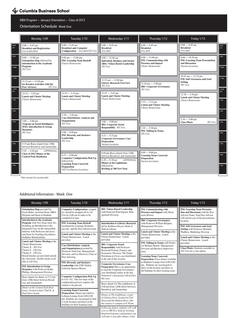 MBA Orientation Schedule January 2013 | PDF | Learning