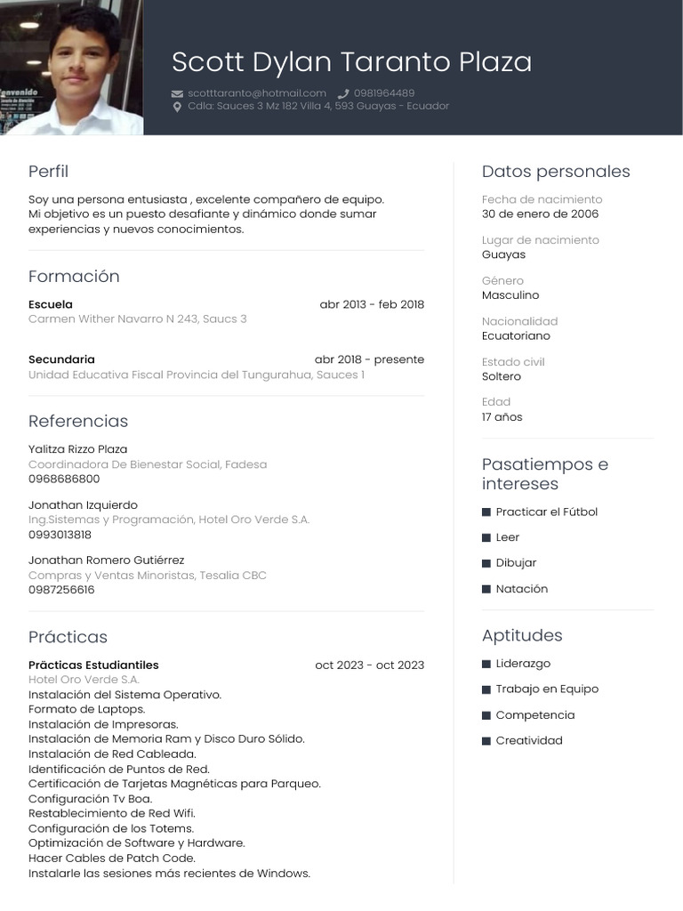 CV Scott Dylan Taranto Plaza | PDF | Informática | Tecnología de información y comunicaciones