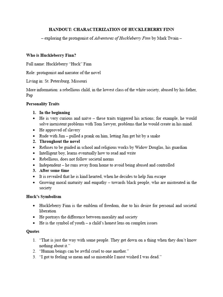 Handout Characterization of Huckleberry Finn | PDF | Huckleberry Finn