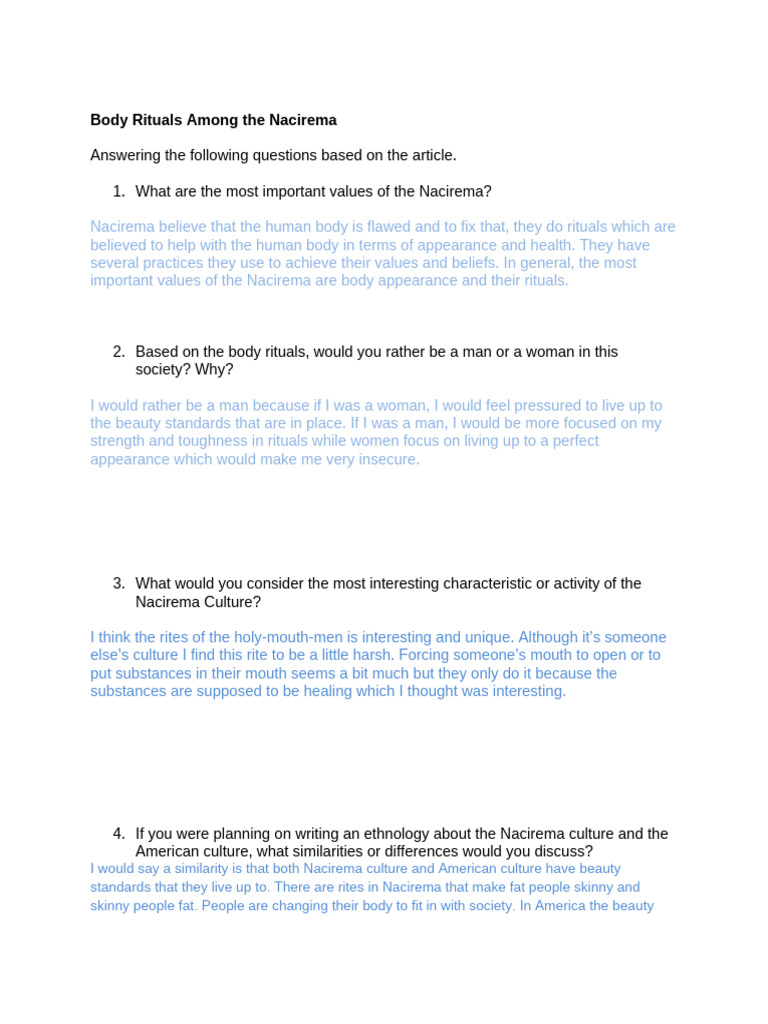 Body Rituals Among The Nacirema Questions | PDF