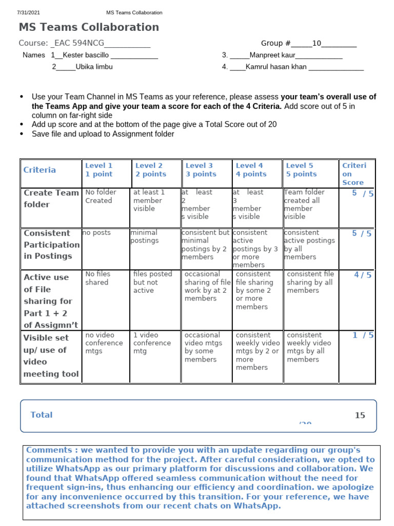 MS Teams Collaboration - Self Assessment F21 Rev | PDF | Software | Computing