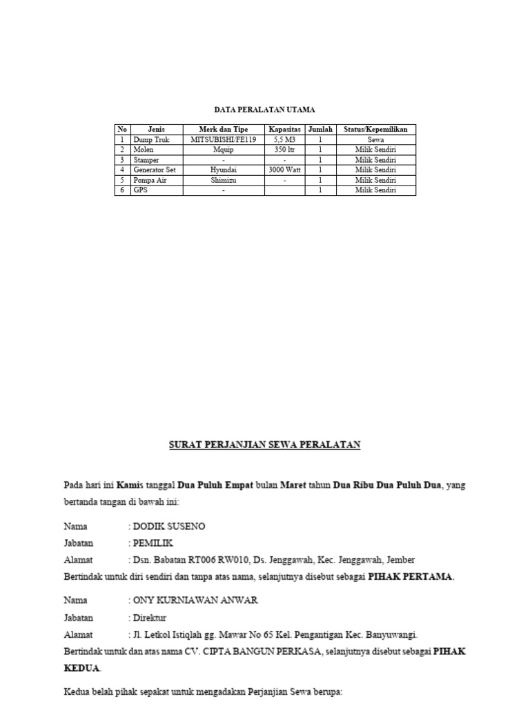 DATA PERALATAN Sumberwaru (Kurang TTD & Stempel Direktur) | PDF